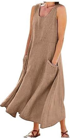 Generic Robe Longue Femme Lin en Coton Col Rond Ete Grande Taille Maxi Robe Fluide Chic et Elegant Lâche Couleur Unie avec Poches Robes de Vacances à la Plage