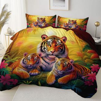 Generic Atmungsaktiv Bettbezug 135 x 200 cm Weich und Bequem, Tier Warm Tiger Mikrofaser Bettbezug Mit Reißverschluss Einfaches Be- und Entladen, Rötlich Brau