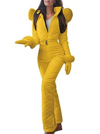 Minetom Combinaison de Ski Femme Fille Hiver Chaud Peluche Capuche Overall Neige Ext&eacute;rieur Sports Pantalon Ski Suit Imperm&eacute;able Jumpsuit (Jaune, 38)