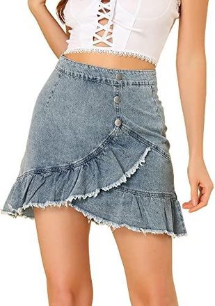 Allegra K Femmes Jupe Jean Courte Volants Ourlet Bas Boutonné Devant Bleu Gris M