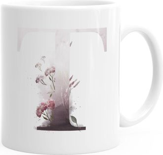 Autiga Buchstaben-Tasse T Tasse mit Buchstabe Alphabet Monogramm Watercolor gezeichnet Kaffeetasse wei&szlig; unisize