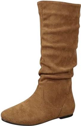 Generic Bottes mi-mollet décontractées pour femme - Larges - Élégantes - Poils plissés - Talon plat - Confortables - Fermeture éclair latérale - Extensible - 