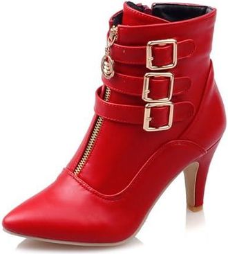 Generic Rouge,34 EU,Bottines pour Femmes avec Ceinture Tendance Boucle en métal Bout Pointu Talons Aiguilles Bottines dautomne Cuir PU Fermeture éclair Robe B