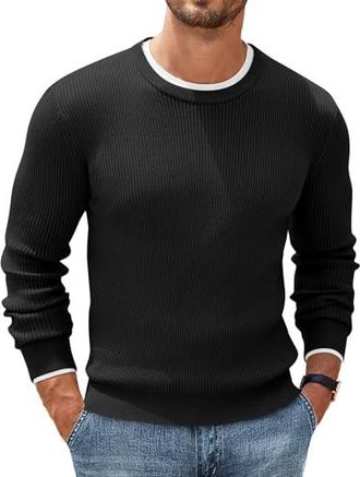 Coofandy Pull Homme Col Rond Tricoté Basique Manches Longues Style Élégant et Confortable Maille Fine Côtelée Regular Fit Noir 3XL