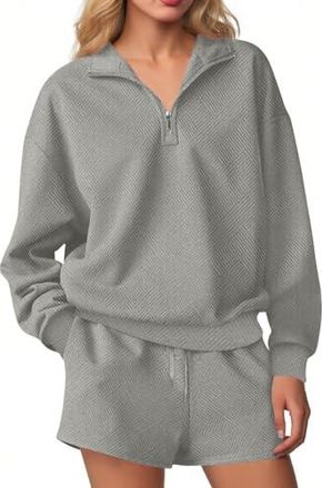 Generic Ensemble de survêtement à demi-fermeture éclair pour femme - Survêtement décontracté à col châle - Ensemble deux pièces confortable et élégant - Textu