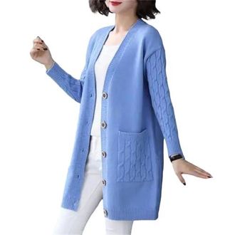 Generic Cardigan dhiver vintage r&eacute;tro tricot&eacute; avec col en V et poches unies pour femme, Bleu marine, Taille XS