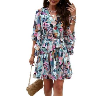 Generic Robe trap&egrave;ze &eacute;l&eacute;gante &agrave; col en V pour femme, manches courtes, motif floral, col en V, robe midi d&eacute;t&eacute;, Vert, XL