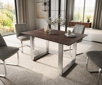 DELIFE Esstisch Edge 140x90 Glas Antique-braun Edelstahl Schmal, Esstische