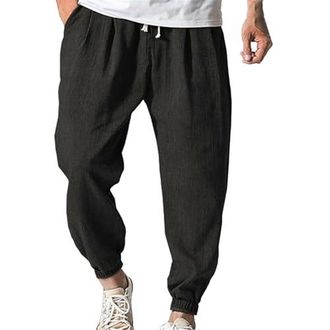 Generic Pantalon de jogging confortable en coton et lin pour homme - Coupe ample - Cordon de serrage - Taille &eacute;lastique - Pantalon de yoga - Pantalon de plage