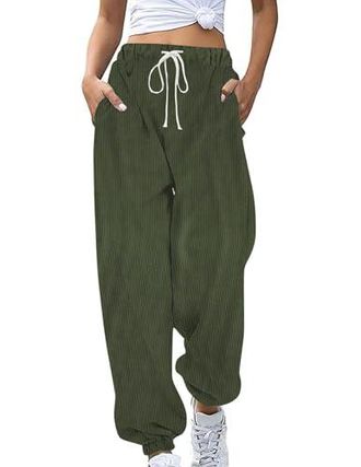 Generic Pantalon de jogging taille haute en velours c&ocirc;tel&eacute; avec poches et cordon de serrage &eacute;lastique pour lautomne et lhiver, vert militaire, XS