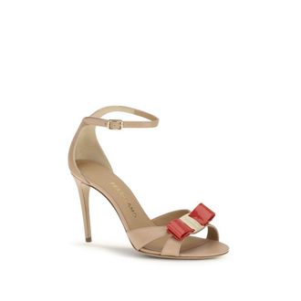 Ferragamo Womens Vara Sandal Beige Calf Leather Bos Heels