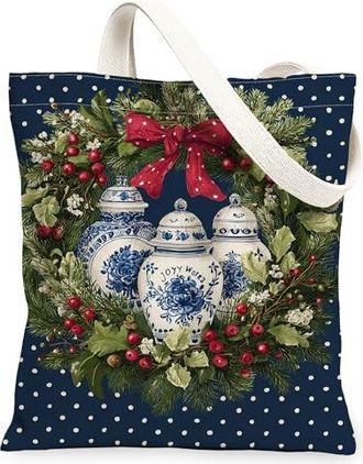 Generic Sacs fourre-tout en toile &agrave; motif floral de No&euml;l, motif couronne &eacute;l&eacute;gante, sacs d&eacute;picerie, sacs d&eacute;picerie r&eacute;utilisables, vintage, l&eacute;gers et lavables a