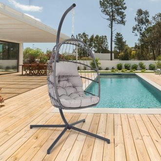 Progarden ECD Germany H&auml;ngesessel mit Gestell und Kissen, Grau, Rattan-Optik, wetterfest, Indoor/Outdoor, Stahl H&auml;ngesesselgestell, H&auml;ngestuhl H&auml;ngekorb