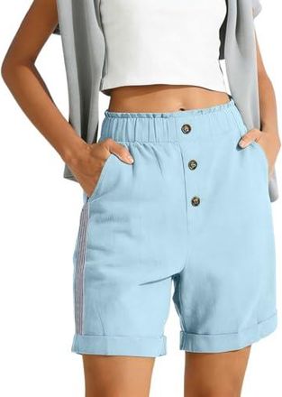 Generic Short en coton et lin pour femme - Taille &eacute;lastique - Avec poches - Style d&eacute;contract&eacute; - Rayures lat&eacute;rales - Braguette &agrave; boutons - Ourlet pli&eacute; - Coupe 