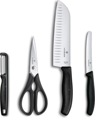 Victorinox by Swiss Army Classic Profi K&uuml;chenset, 4-teilig, Inkl. Sch&auml;ler, Schere, Santoku- und Tomatenmesser, Scharfe Klingen, 7-17 cm, Kunststoffgriffe, Schwarz