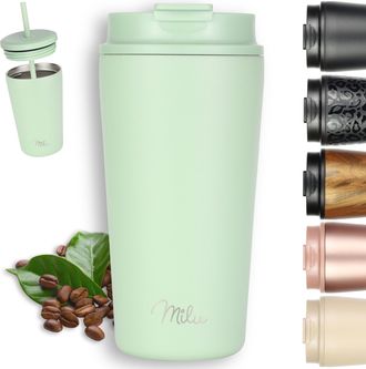 Milu Thermobecher 500ml - 100% Auslaufsicher - Edelstahl Kaffeebecher to go isoliert mit Strohhalm hält 10h heiß / 20h kalt, BPA-frei (Lily green, 500ml)