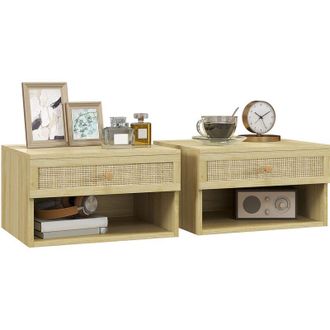 HOMCOM Homcom - Lot de 2 chevets suspendus - tiroir, niche, plateau - cannage rotin aspect bois clair