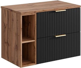 Vente-Unique Vente-unique - Meuble sous vasque suspendu stri&eacute; avec niches - Noir et naturel clair - L80 cm - zevara