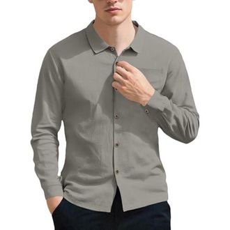 Generic Chemise en lin &agrave; manches longues pour homme avec col classique et boutonni&egrave;re sur toute la longueur, en mat&eacute;riau respirant pour le quotidien, le burea
