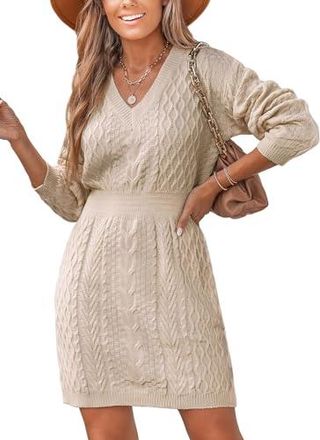 Cupshe Robe à col en V et manches longues en tricot torsadé pour femme, marron clair, Taille XL