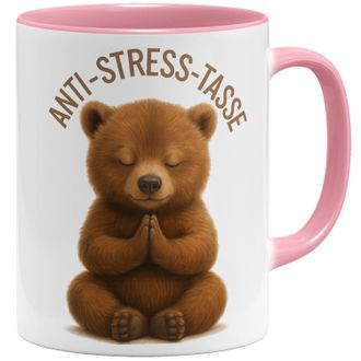 OM3 B&auml;rchen Anti-Stress Kaffee-Tasse - S&uuml;&szlig;e B&auml;r Keramiktasse mit Namaste Motiv - Keramik Becher - 325ml - Beidseitig Bedruckt - Rosa