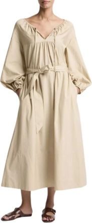 Vince Femme, Robes, Beige, Taille: 38 FR Robe Midi &agrave; Col Nou&eacute; et Volants en Coton avec Ceinture