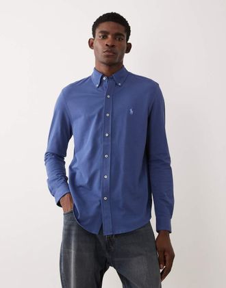 Polo Ralph Lauren Lang&auml;rmliges Hemd aus Baumwolle in Marineblau mit gesticktem Pony