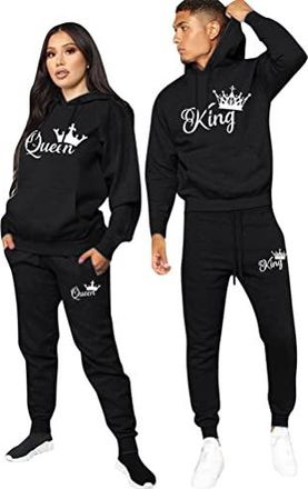 Minetom King Queen Imprimé Survêtement Couple Ensemble de Sport Jogging Femme Homme Manches Longues Hoodie Sweat à Capuche et Pantalon 2 Pièces Set Z Noir Que