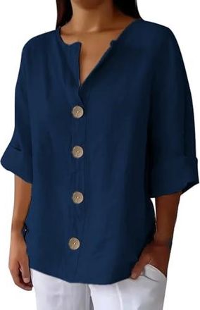 Generic Chemise Col Mao Femme Coton Lin- Blouse Ete Manches 3/4 Grande Taille Décontracté Couleur Unie Coupe Ample avec Boutons Confortable Passe-Partout Chic