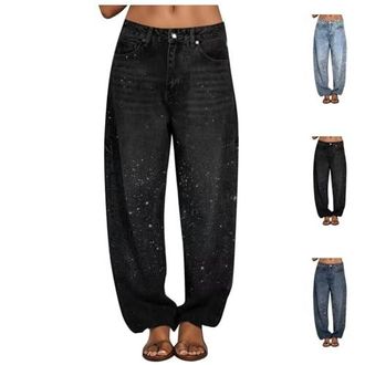 Generic Jean Taille Haute for Femme, Style ann&eacute;es 2000, orn&eacute; de Strass, Coupe Ample en Denim avec Poches et Passants de Ceinture( A01 Schwarz,3XL)