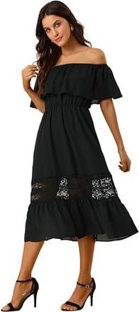 Allegra K Robe Maxi à épaules dénudées à Volants en Dentelle avec empiècement en Dentelle Taille Haute à Manches flottantes pour Femmes Noir M