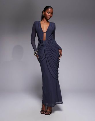 Asos Robe mi-longue effet drap&eacute; en tulle avec manches longues et d&eacute;collet&eacute; plongeant - Gris