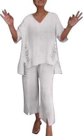 Generic Ensemble 2 pi&egrave;ces en coton et lin avec col en V pour femme - Paillettes d&eacute;chir&eacute;es - Ensemble d&eacute;contract&eacute; - Grande taille - Pantalon pour mariage, blan