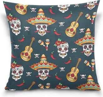 Linomo Kissenbezug 40x40 cm, Mexiko Zucker Schädel Gitarre Dekorative Kissenbezug Kissenhülle für Couch Sofa Bett Hause