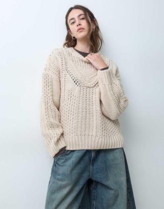 Object strukturierter Rundhalspullover in Creme-Melange-Wei&szlig;