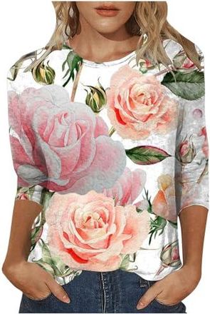Generic T-shirt d&eacute;contract&eacute; pour femme avec imprim&eacute; floral, col rond, manches 3/4, coupe ample, Rose, XXL