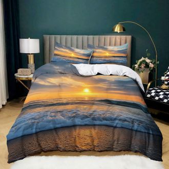 Generic Bettw&auml;sche 3 Teilig 200 x 200 cm f&uuml;r Jungen M&auml;dchen Teens, Weich Mikrofaser Gelb Bedruckter Bettbezug Set, Strandhaus-Stil Sonnenaufgang Wellen Mikrof