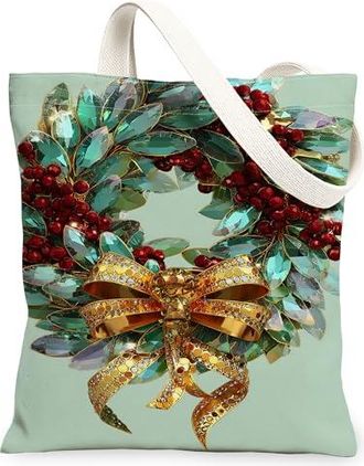 Generic Sacs fourre-tout en toile motif couronne de No&euml;l, motif feuilles de vacances, sacs d&eacute;picerie r&eacute;utilisables, vintage, l&eacute;gers et lavables, toile pour vo