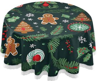 Mnsruu Happy Snowman Pine Tree Green Xmas Round Tablecloth Table Cloth Cover Decorative Lace Macrame for Buffet Table, Party 60 Inches