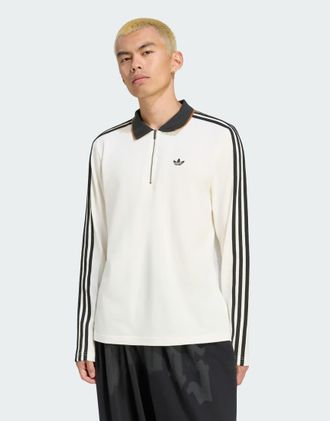 adidas Originals 3-Streifen, gerippte Langarm-Polohemd in Cloud White-Wei&szlig;