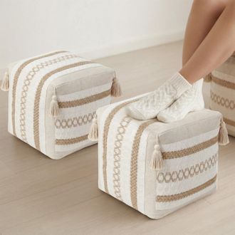 Boao 2 St&uuml;ck ungef&uuml;llter Boho-Ottoman-Pouf-Bezug, 40,6 x 40,6 x 40,6 cm, strukturiert, beige, Aufbewahrungsw&uuml;rfel, Fu&szlig;st&uuml;tze, waschbar, Aufbewahrung, Sitzs