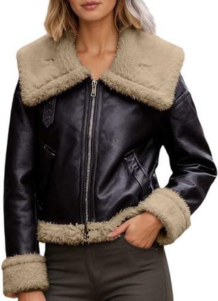 Generic Veste En Cuir Surdimensionn&eacute;e pour Femmes, Manteau Dhiver En Peau De Mouton Doubl&eacute; Polaire &Eacute;paisse, Veste Aviateur Courte n16