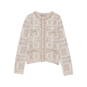 D.exterior Checked Boucl&eacute;-Trim Cardigan - - Knitwear - Damen - Beige - L
