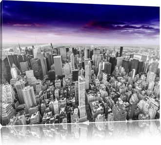 Pixxprint riesige Skyline von New York am späten Abend B&W, Größe: 100x70cm, Leinwandbild, fertig gespannt, Wandbild, Dekoration, Kunstdruck, kein Poster
