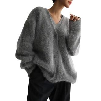 Generic Cardigan cor&eacute;en &agrave; col en V pour femme - Manches longues - Surdimensionn&eacute; - Boutons - Hauts tricot&eacute;s solides, gris fonc&eacute;, Taille XS