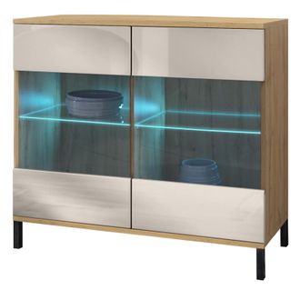 Vladon Kommode Bari V3, Moderner Küchenschrank mit 2 großen Glastüren inkl. RGB Beleuchtung Eiche Evoke/Sandgrau Hochglanz (92,5 x 83.5 x 35)