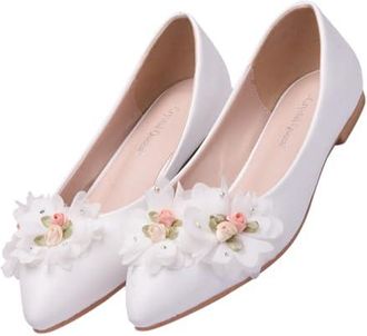 Frcolor Chaussures Plates Femmes &agrave; Bout Ouvert Chaussures Mariage avec Fleurs Dentelle Pointues Noeud D&eacute;cor&eacute;