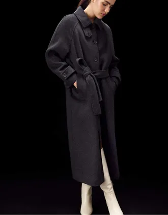 Stradivarius Manteau long en feutre &agrave; boutons gris fonc&eacute;