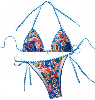 Ocean Plus Damen V-Ausschnitt Gebl&uuml;mt Triangel Bikini-Set mit B&uuml;gel Spaghetti Bademode Bandeau Slips mit Tunnelzug (XS (EU 30-32), Dunkelblaue und rote Bl&uuml;ten)