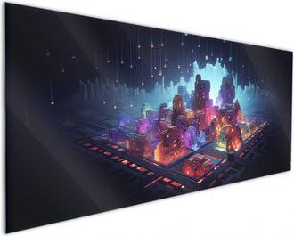 Wallario K&uuml;chenr&uuml;ckwand aus Glas 125 x 50 cm, Motiv: Leuchtende Pixelstadt | Spritzschutz abwischbar & pflegeleicht